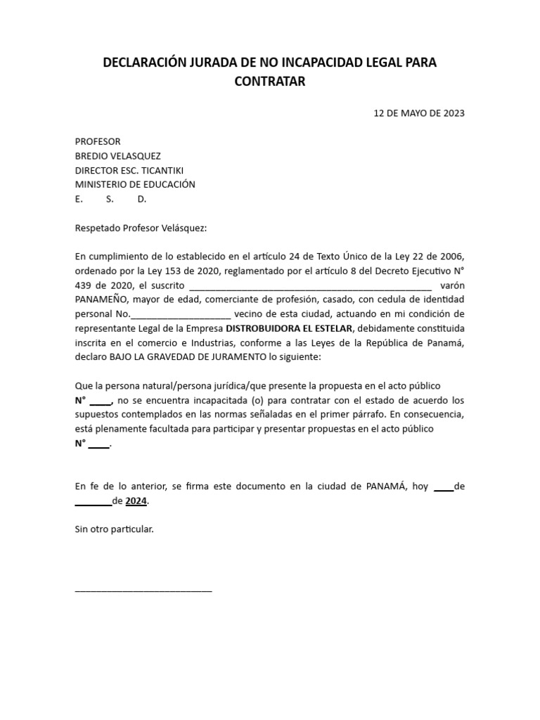 6 - Declaración Jurada de No Incapacidad Legal para Contratar | PDF | Derecho