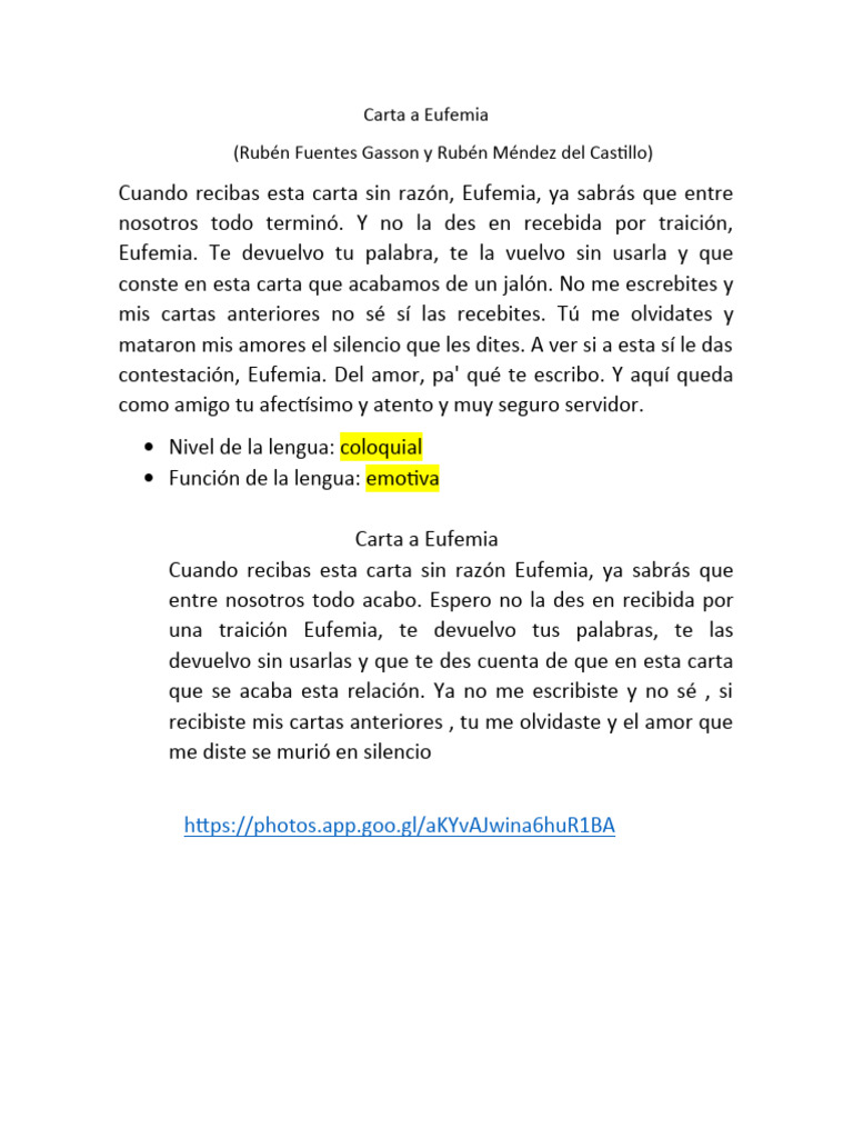 Carta de despedida a Eufemia | PDF