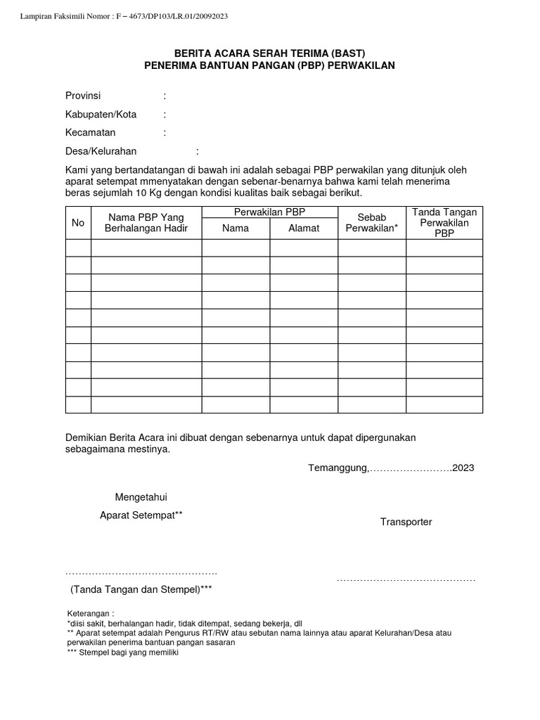 Berita Acara Serah Terima (Bast) Penerima Bantuan Pangan (PBP) Perwakilan | PDF