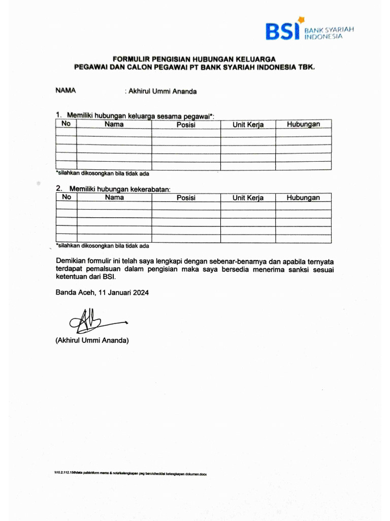 Formulir Pengisian Hubungan Keluarga Pegawai Dan Calon Pegawau PT Bank ...