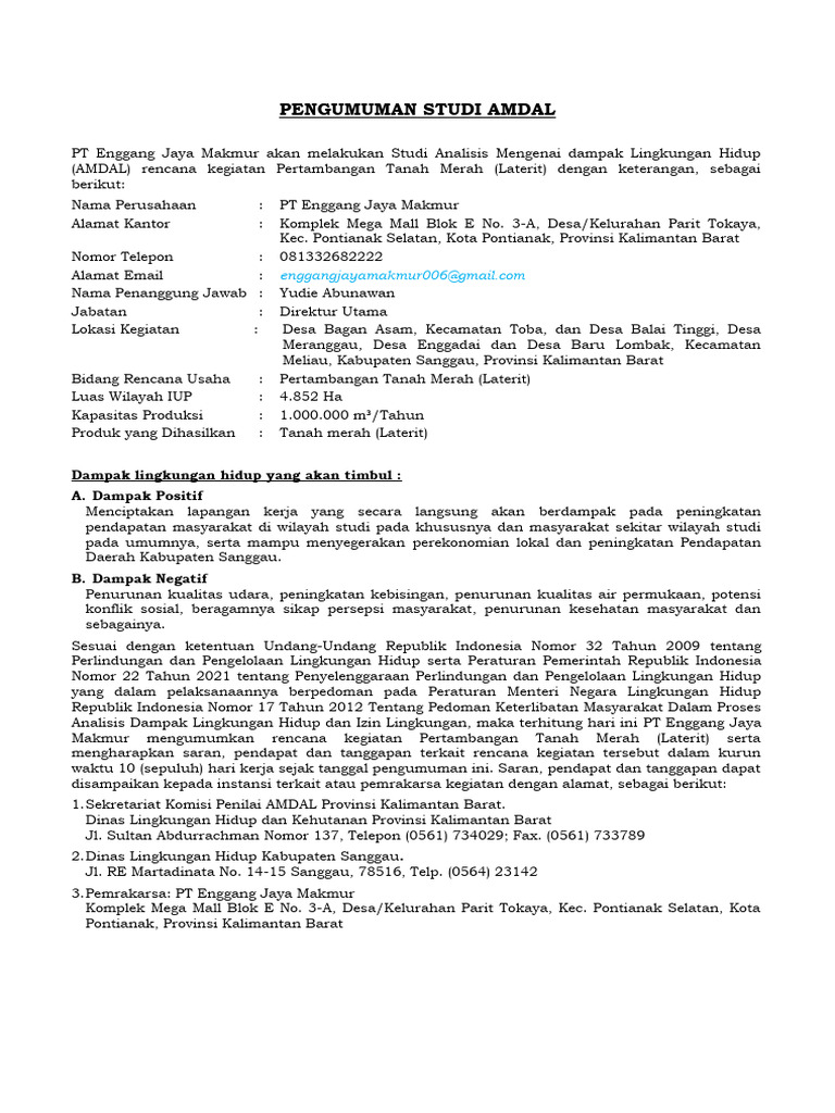 Pengumuman Amdal Pt. Ejm A3 | PDF