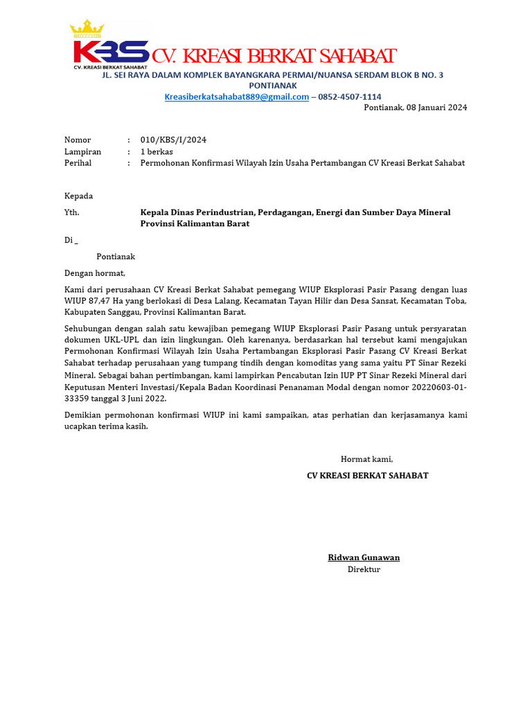 SURAT PERMOHONAN PENETAPAN KONFIRMASI WIUP CV. KBS, Edit | PDF