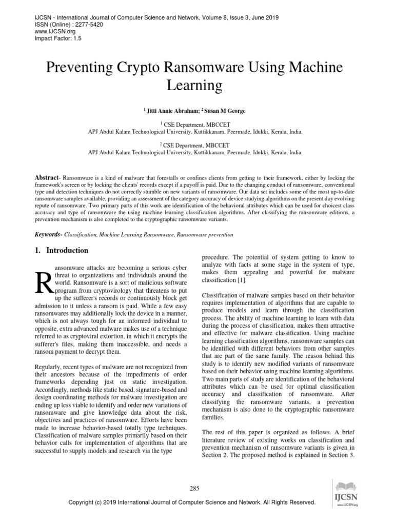 Preventing Crypto Ransomware Using Machine Learning | PDF | Ransomware | Machine Learning