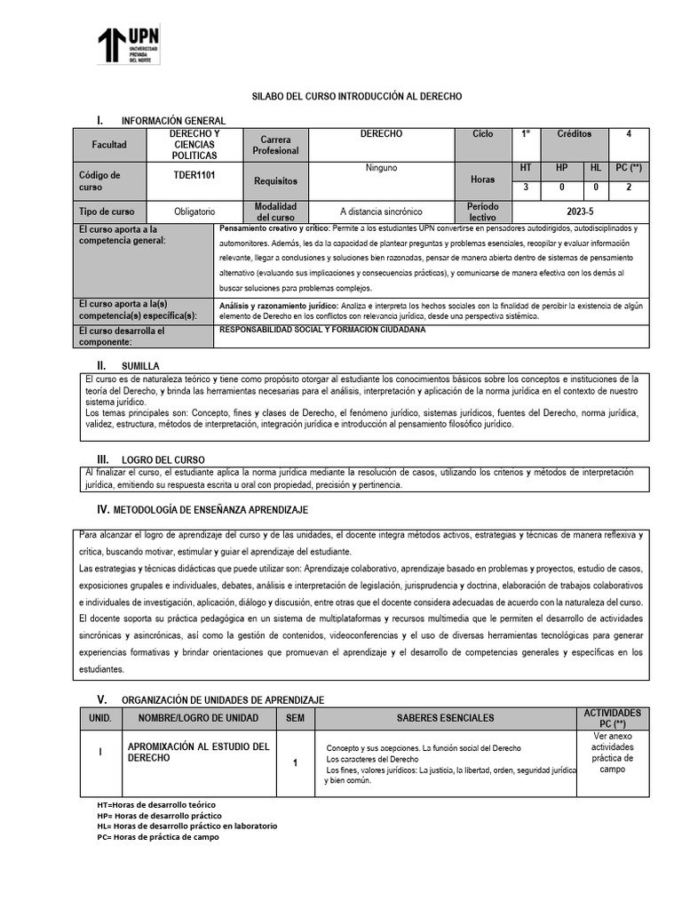Silabo Introduccion Al Derecho | PDF | Fuentes del derecho | Aprendizaje Silabo Introduccion Al Derecho | PDF | Fuentes del derecho | Aprendizaje
