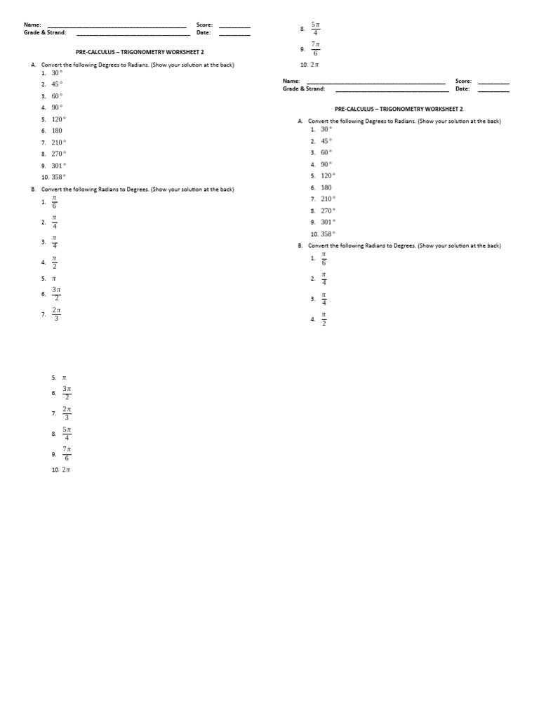 Trigonometry Degrees to Radians Worksheet | PDF | Rotation | Elementary ...