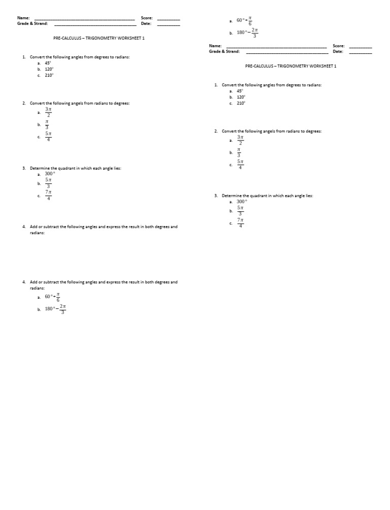 Trigonometry Worksheet 1 | PDF | Angle | Units Of Measurement