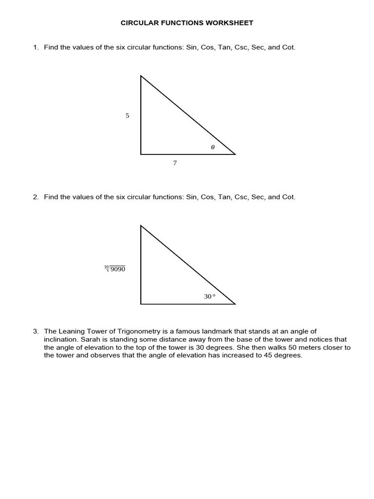 Circular Functions Worksheet | PDF