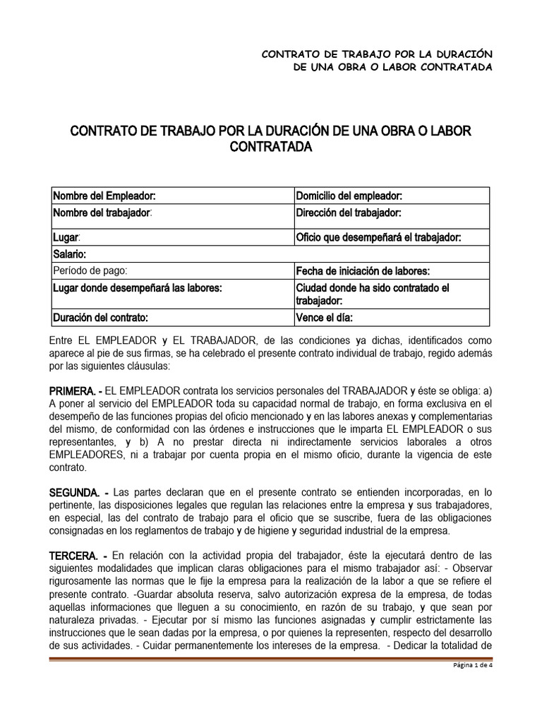 Contrato de Trabajo Por La Duración de Una Obra o Labor Contratada | PDF | Derecho laboral | Salario