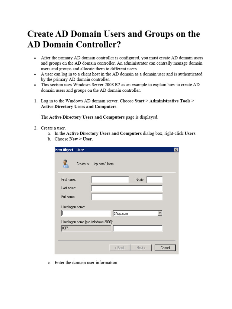 Create AD Domain Users and Groups On The AD Domain Controller | PDF | Login | Active Directory