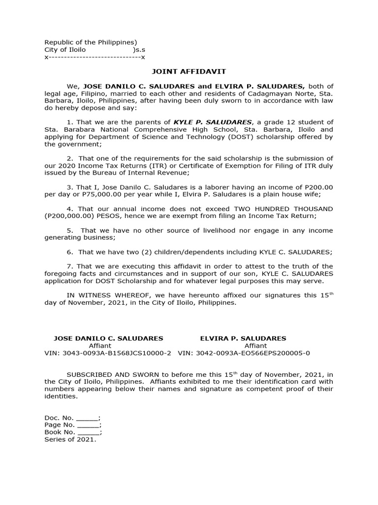 Affidavit of No Income-Bir | PDF