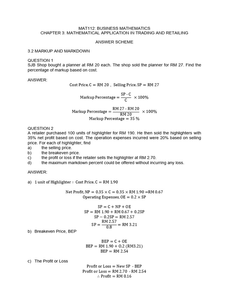 Markup and Markdown Calculations in MAT112 | PDF | Net Income | Cost
