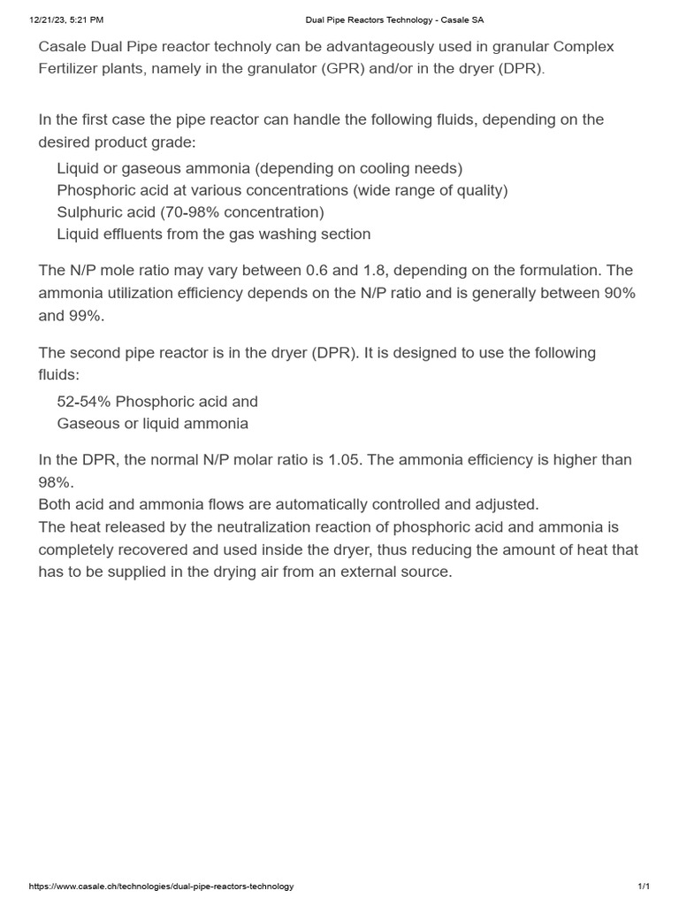 Dual Pipe Reactors Technology - Casale SA | PDF