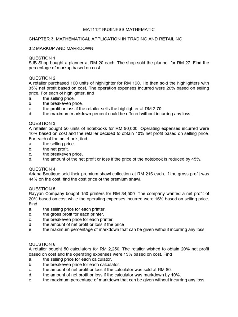 3.2 Mat112 Markup and Markdown | PDF | Cost | Net Income