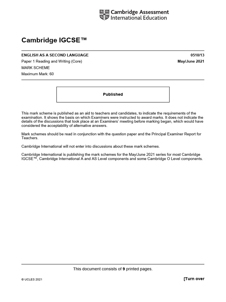 Cambridge IGCSE™: English As A Second Language 0510/13 May/June 2021 | PDF | Question | Grammar
