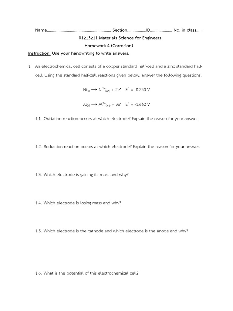 HW4 Corrosion 2023 | PDF | Corrosion | Electrode