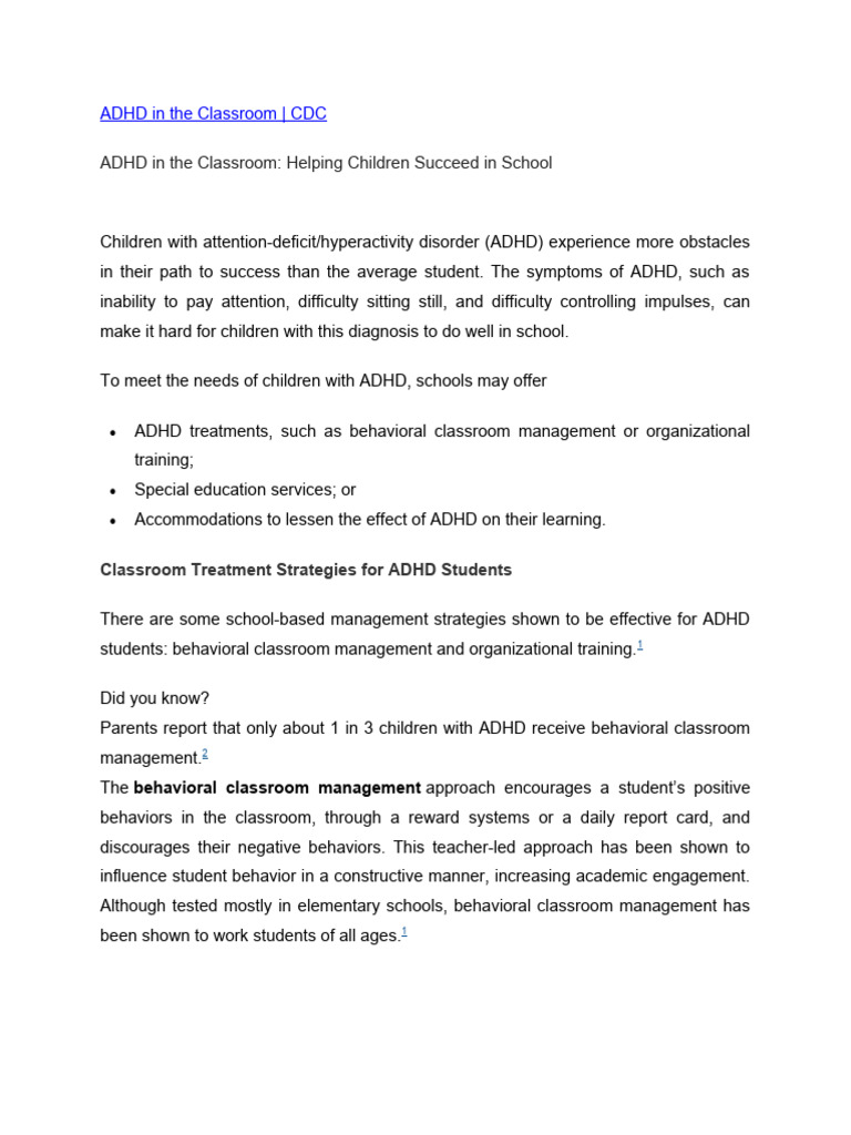 ADHD in The Classroom | PDF | Individualized Education Program | Attention Deficit Hyperactivity ...