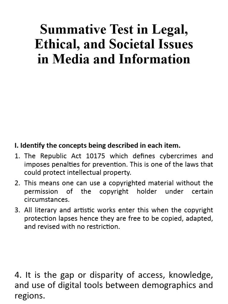 Summative Test in Legal, Ethical, and Societal Issues in Media and Info ...