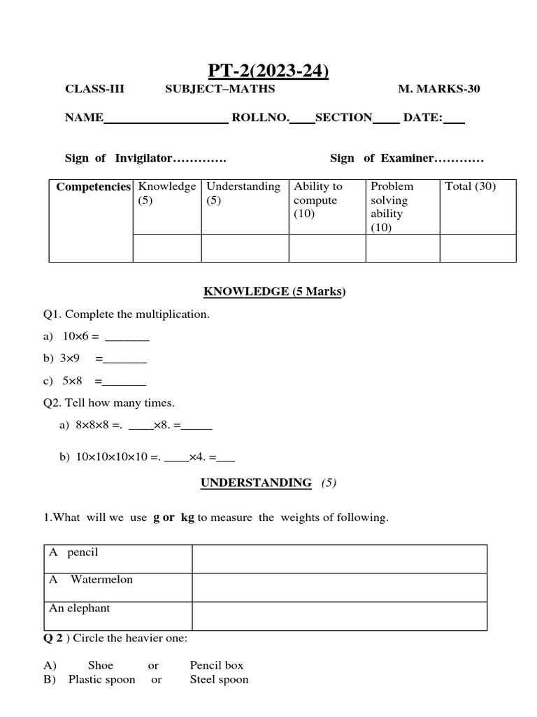PT-2 MATHS CLASS III | PDF | Cognition