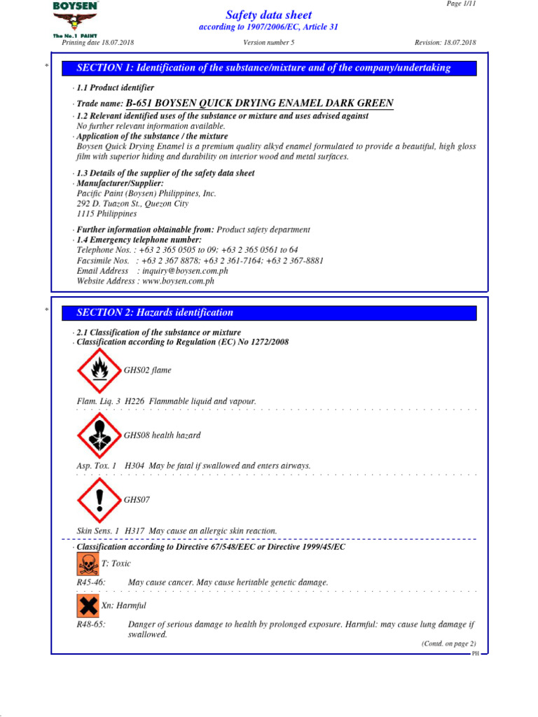 Boysen Quick Dry Enamel Safety Data | PDF | Dangerous Goods | Toxicity