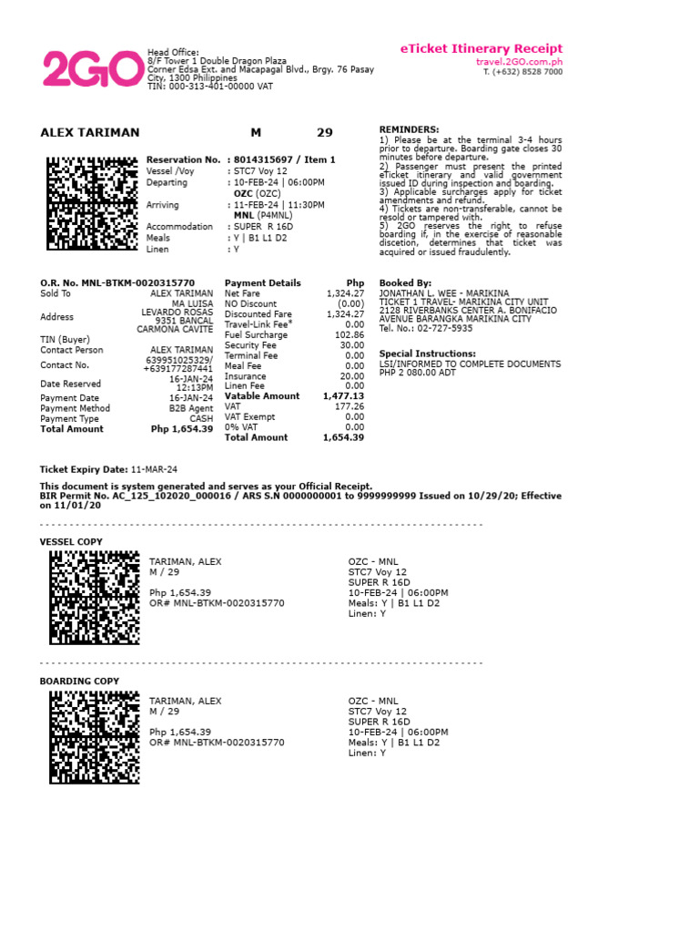 2go Itinerary MR Alex Tariman | PDF | Ticket (Admission) | Service Industries