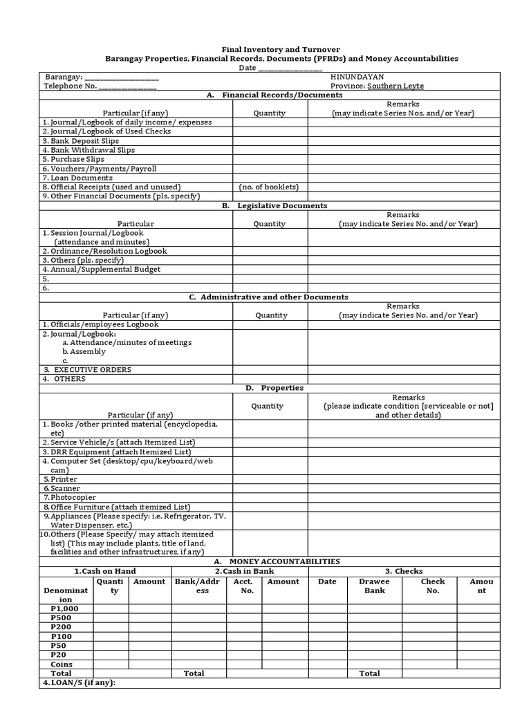 Barangay Financial Turnover Form | PDF | Service Industries | Money