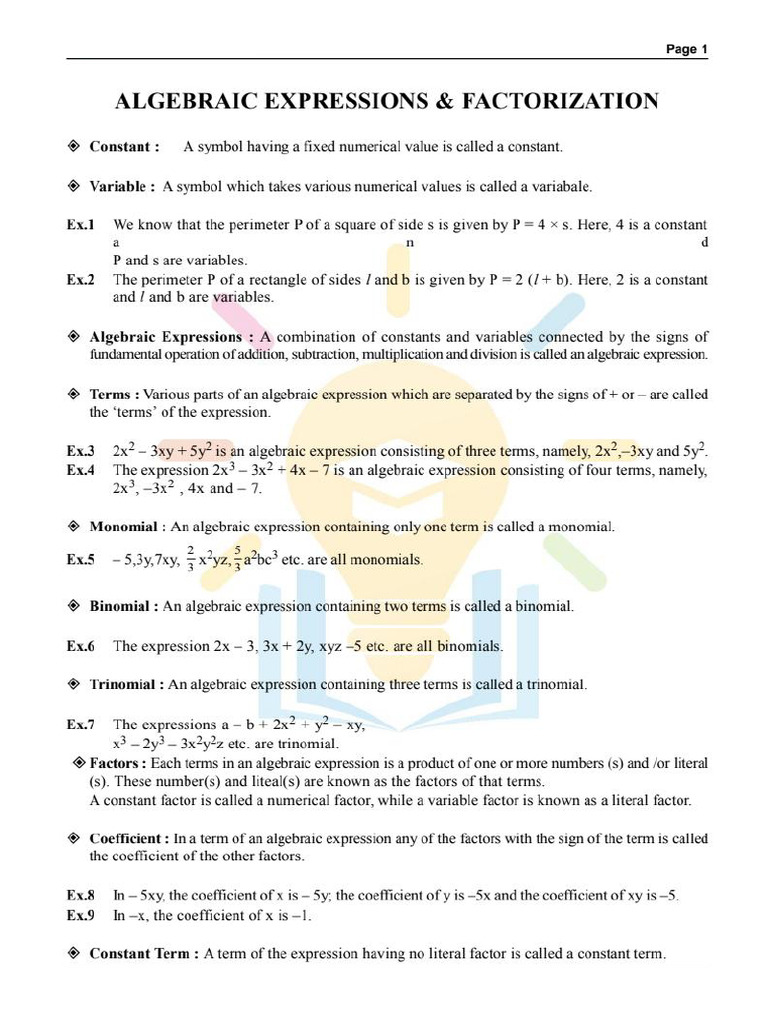 CH01 Algebric Expressions and Factorization | PDF