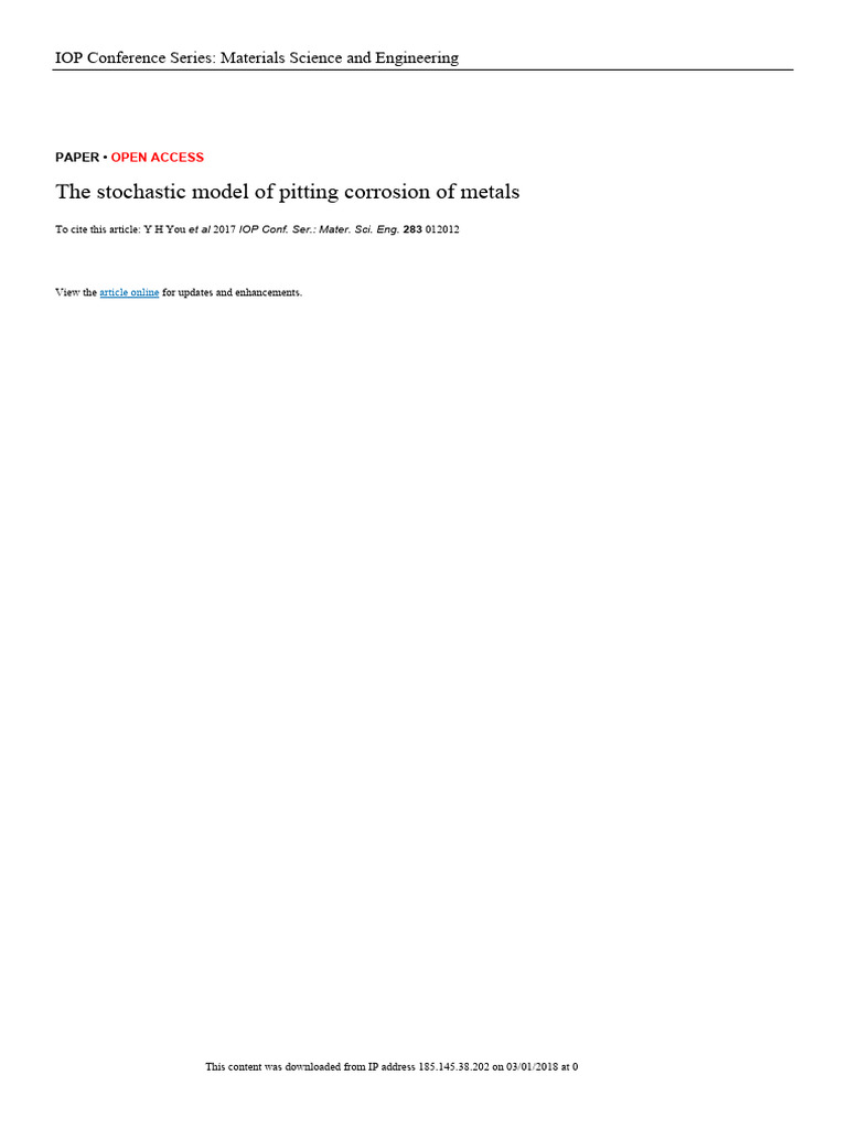 Stochastic Model of Metal Pitting Corrosion | PDF | Ion | Corrosion
