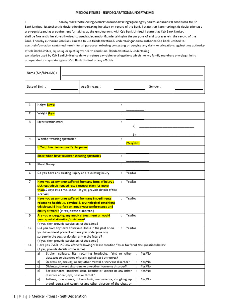 Medical Fitness Self-Declaration Form | PDF | Infection | Cough
