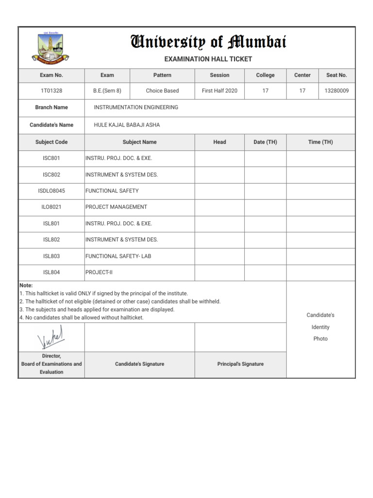 Examination Hall Ticket: Exam No. Exam Pattern Session College Center ...