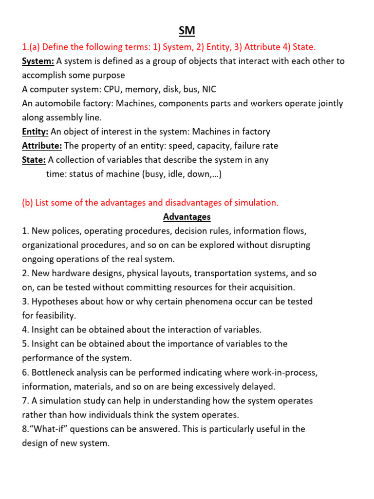 (A) Define The Following Terms: 1) System, 2) Entity, 3) Attribute 4) State | PDF | Simulation ...