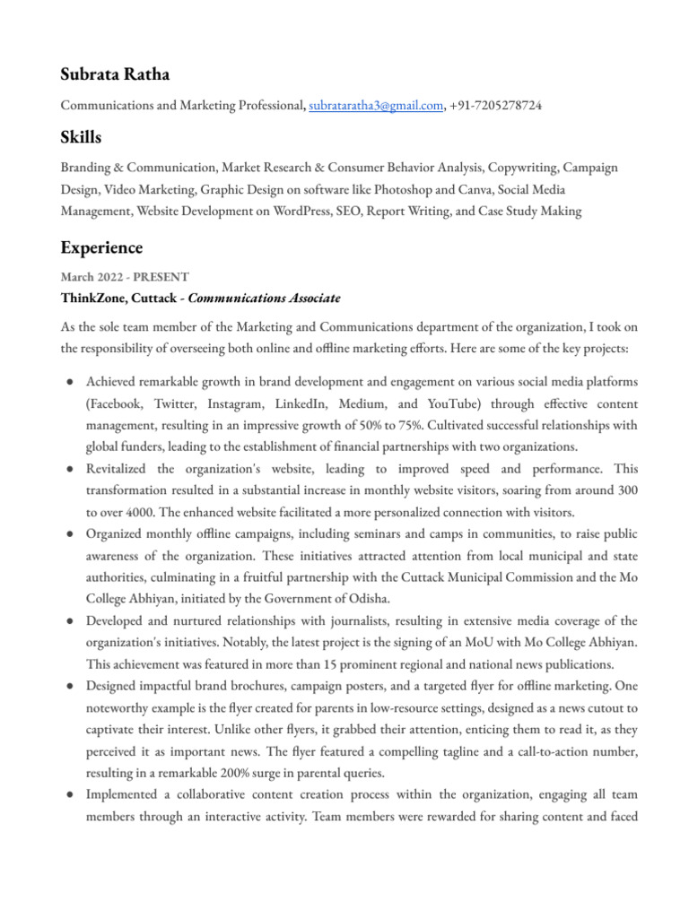 Updated Resume - Subrata Ratha, Communications Associate - 3 | PDF | Social Media | Popular ...