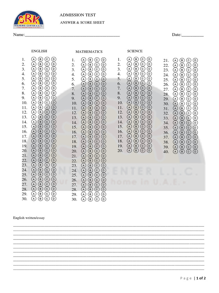 Answer Sheet INC G4 | PDF | Student Assessment And Evaluation | Schools