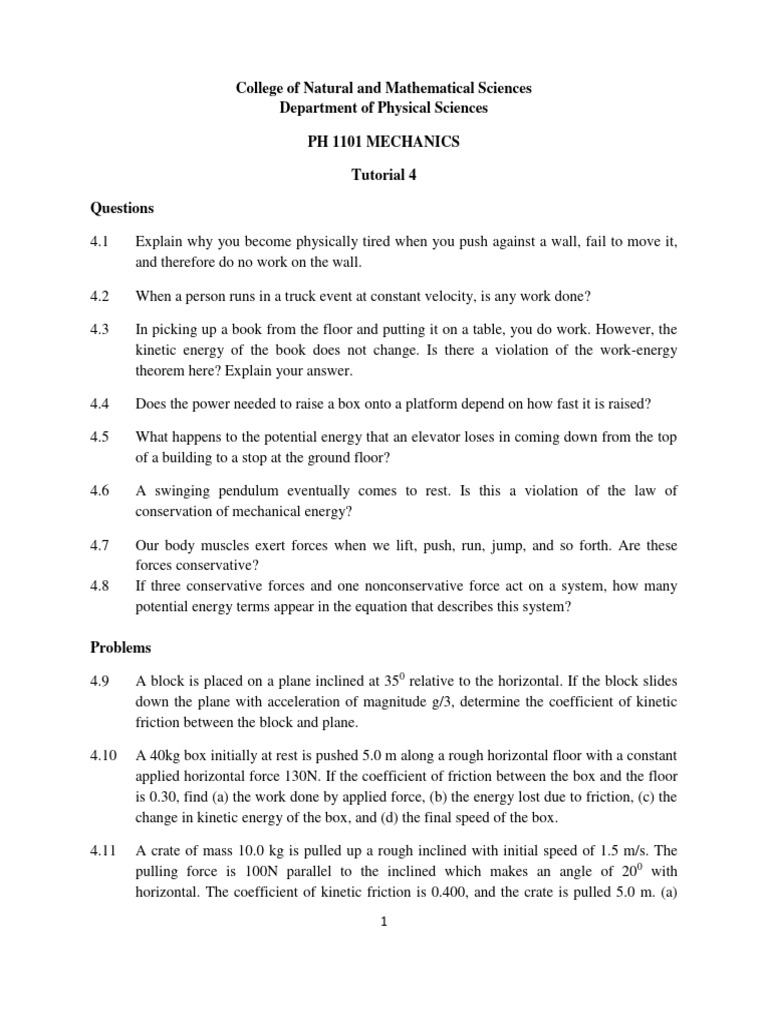 Tutorial 4 Work and ENERGY | PDF | Force | Friction