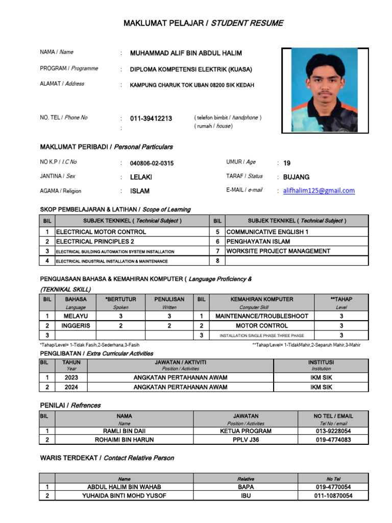 Maklumat Pelajar / Student Resume: (Photo | PDF