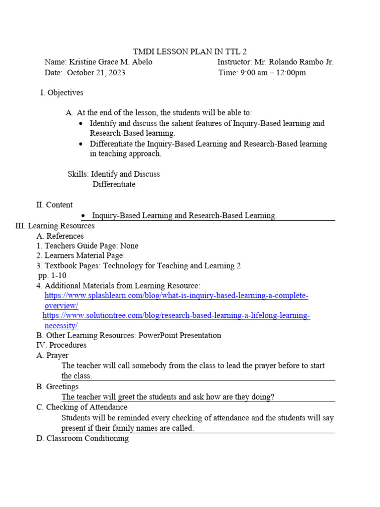 Lessonplan TTL2 | Download Free PDF | Inquiry Based Learning | Learning