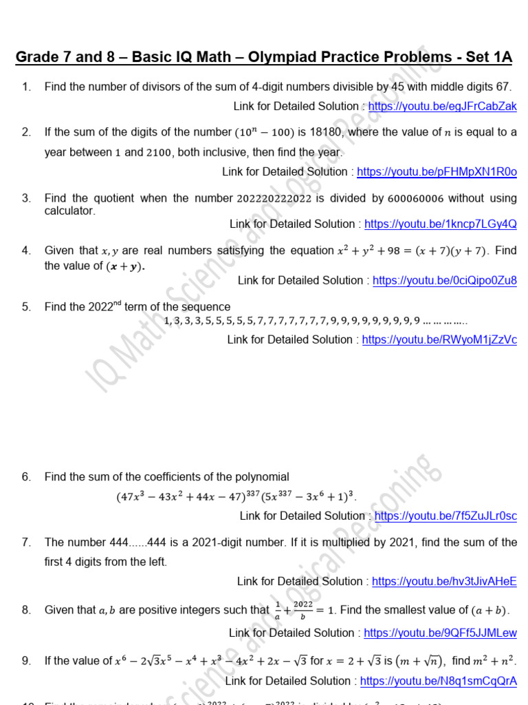Grade 7 and 8 - Basic IQ Math Practice Problems Set 1A PDF | PDF ...