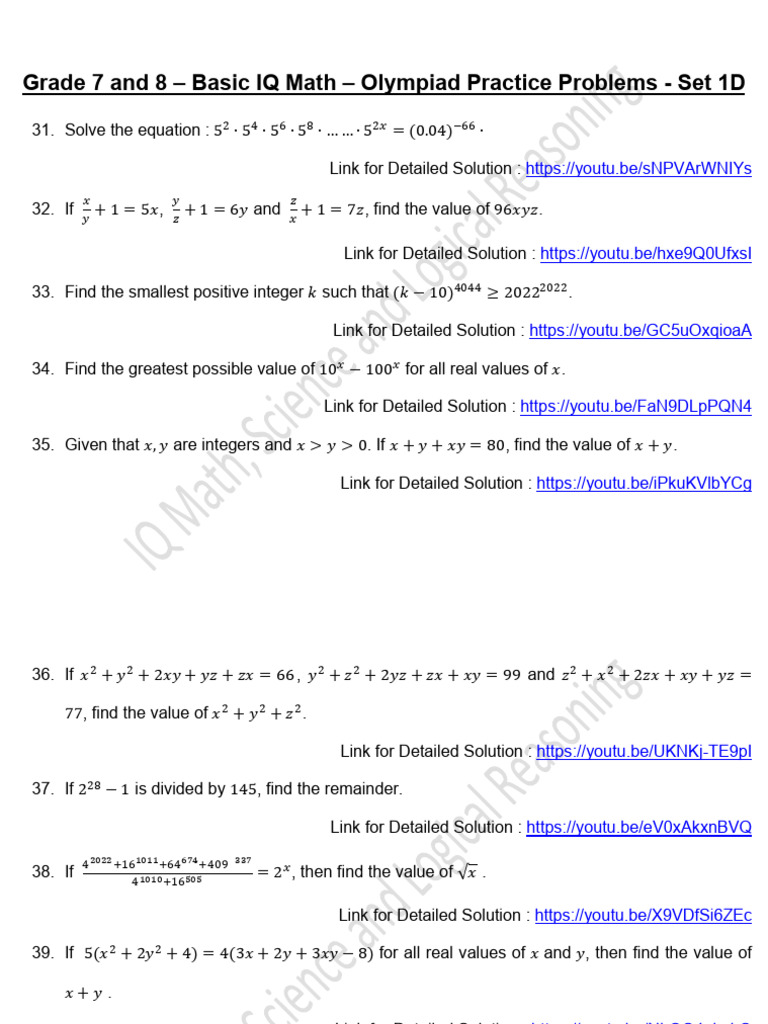 Grade 7 and 8 - Basic IQ Math Practice Problems Set 1D PDF | PDF | Teaching Methods & Materials