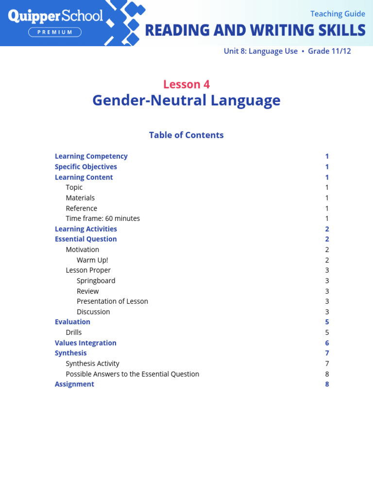 PDF (TG) - RW 11 - 12 - Unit 8 - Lesson 4 - Gender-Neutral Language | PDF | Grammatical Gender ...