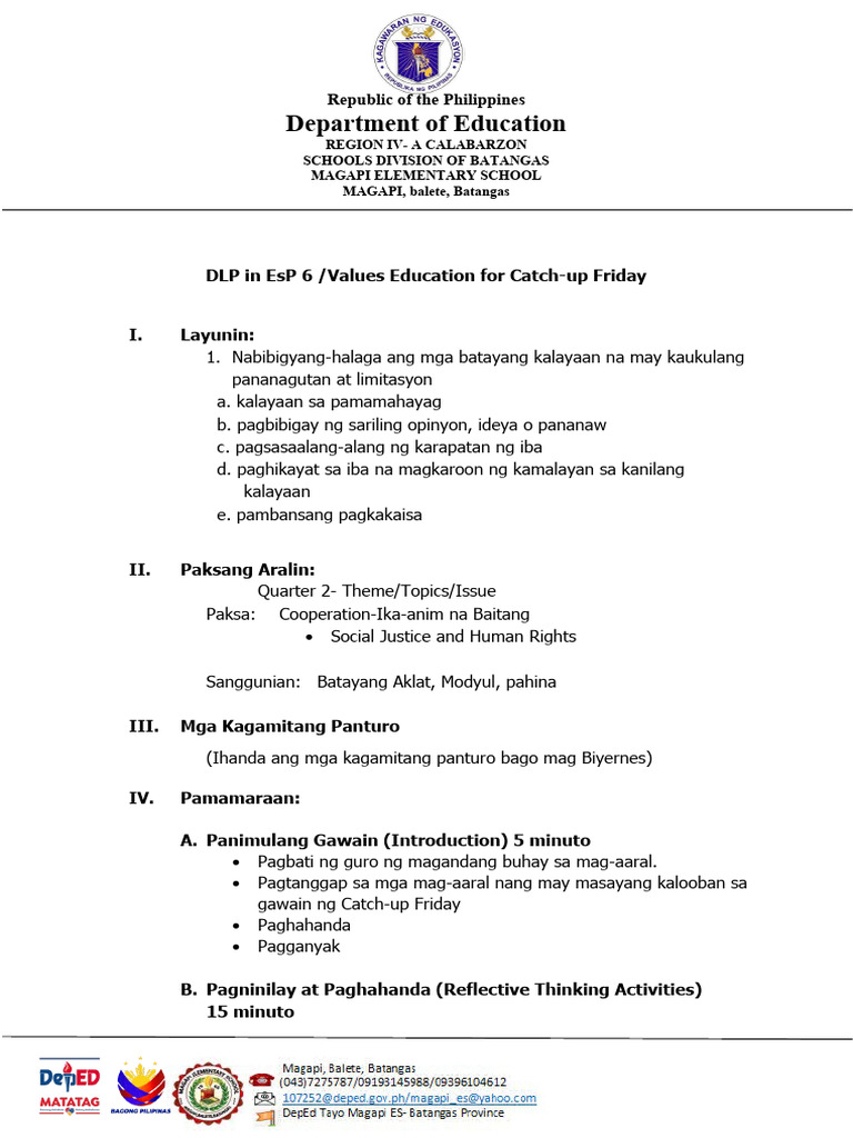 Sample Values Education DLP For Catch Up Friday | PDF