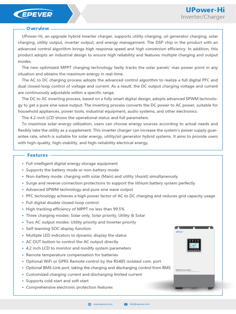 Ficha Técnica Inversor Hibrido Cargador Epever UP 2000 3000 24V 48V | Download Free PDF | Power ...