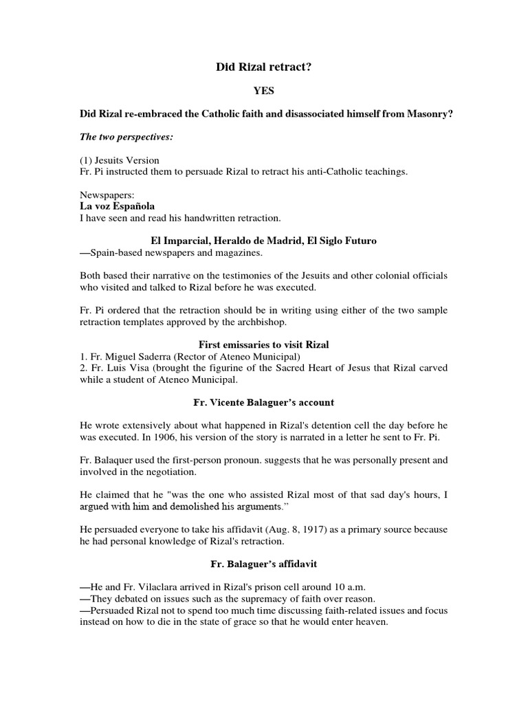 Rizal Retraction - Written Report | PDF | Philippines