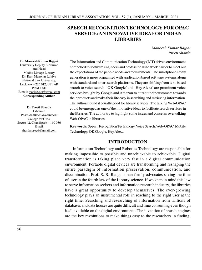 Speech Recognition Technology For OPAC Service: An Innovative Idea For ...