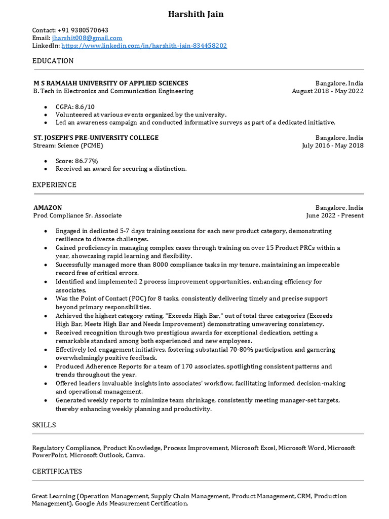 Harshith S Resume | PDF | Business