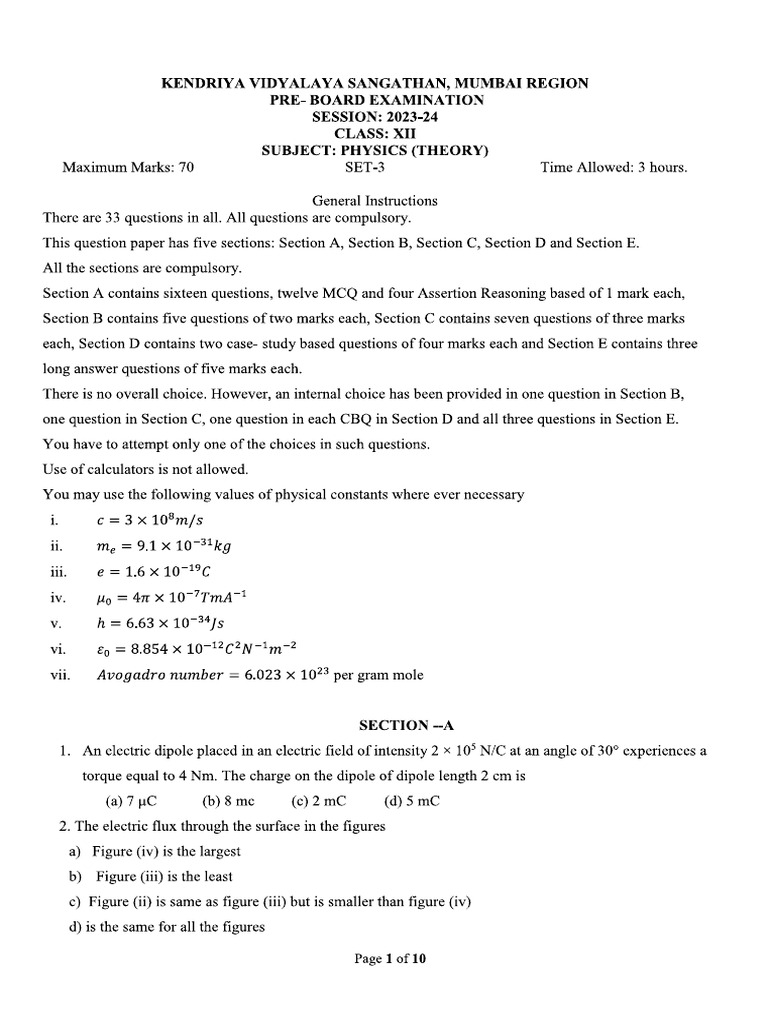 Physics PB 2 2023-24 KVS RO Mumbai | PDF