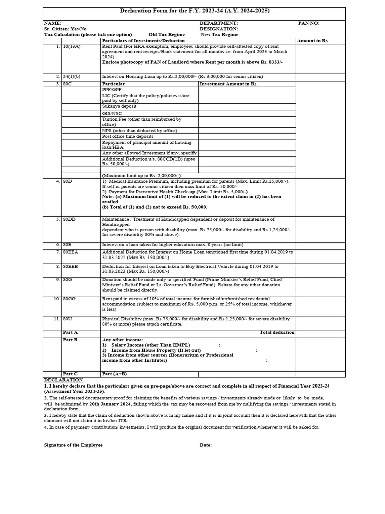 Income Tax Declaration Form FY 22023 24 AY2024 25 | PDF | Loans | Interest