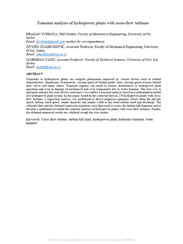 Transient Analysis of Hydropower Plants With Cross-Flow Turbines | PDF | Fluid Dynamics | Turbine