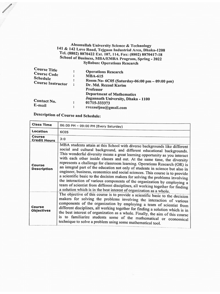 MBA 615 (Operation Research) Outline | PDF