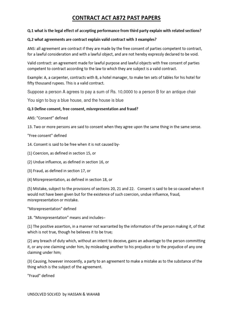 contract act 1872 past-papers | PDF | Breach Of Contract | Business Law