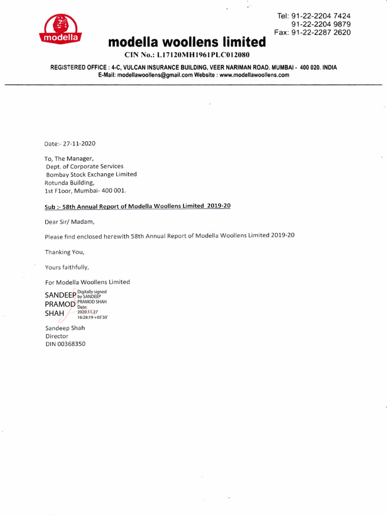 Modella Woollens 58th Annual Report | PDF | Technology & Engineering