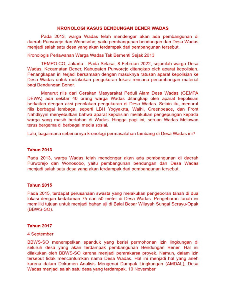 Kronologi Kasus Bendungan Bener Wadas | PDF | Perjalanan